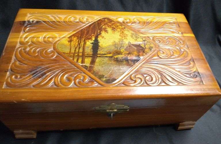 Vintage Ce Carved Keepsake Box With Country Scene, Footed Handles, And ...