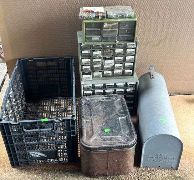 Mailbox , vintage tin with hinged lid ,assorted plastic organizers and ...
