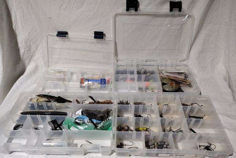 4 - Plastic tackle boxes including custom baits, weights, jig heads ...