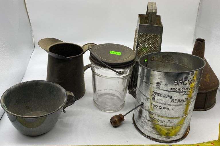 Metal kitchen wares, sifter, funnel, grader, granite cup, pitcher ...