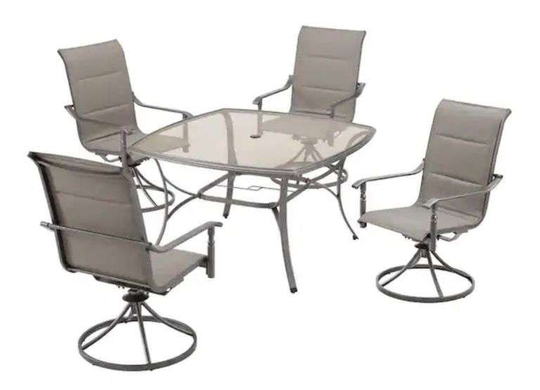 Hampton Bay Ashbury Pewter 5-Piece Steel Padded Sling Square Glass Top ...