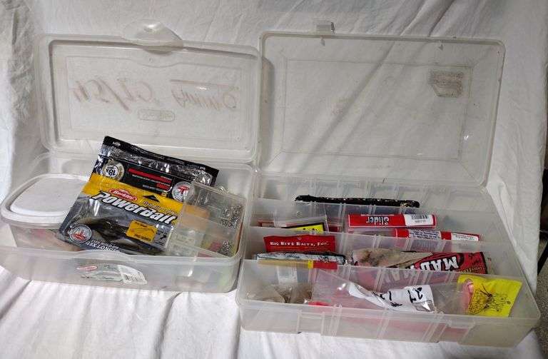 2 - Plastic tackle boxes including power bait, reel hardware, big bite baits, spider monkeys ...