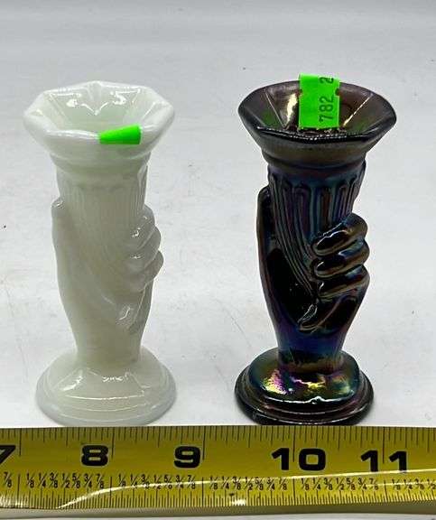 Carnival Stretch Glass Left Hand Vase 3.75” & Vintage Milk Glass Hand Holding Torch Vase /Lady ...