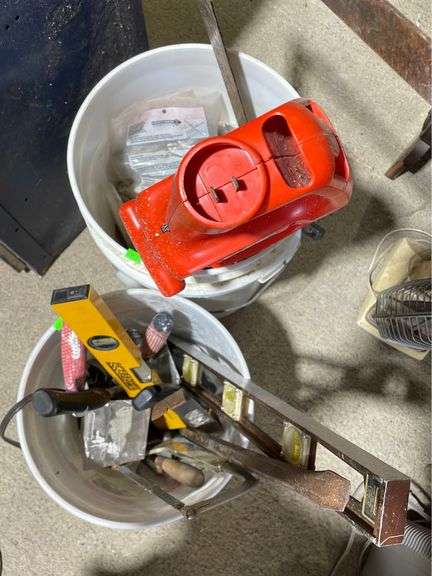 Buckets with levels, axe, saw, crowbar, edging tool, electrical tools ...