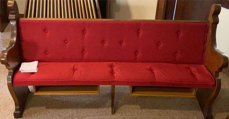 Ornate Wood Church Pew with Red Cushion 24”x80”x39”H - Metzger Property ...