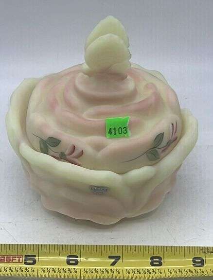 Fenton Satin Glass Burmese Uranium Powder Box Butterfly Custard 5.25 ...