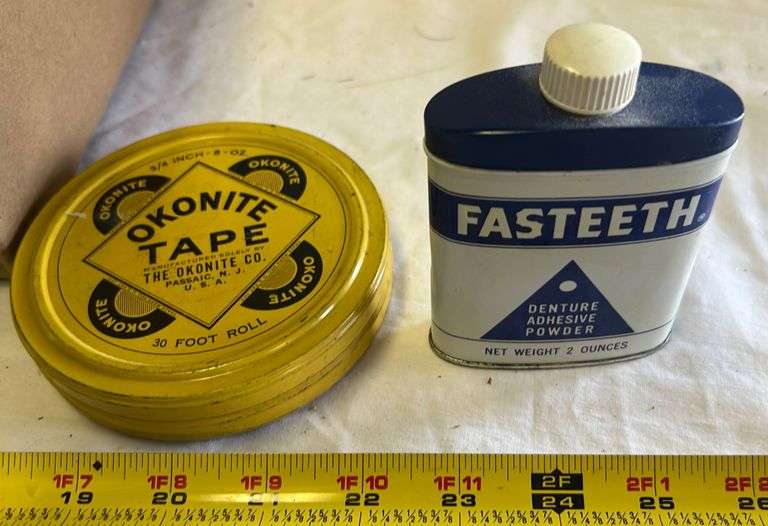 Vintage Fasteeth Denture Powder Adhesive bottle and contents , Okonite ...