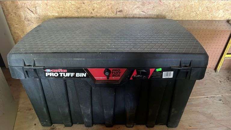 Contico Pro Tuff Bin 22”x36”x20”and contents inc. tools, sledge hammer ...