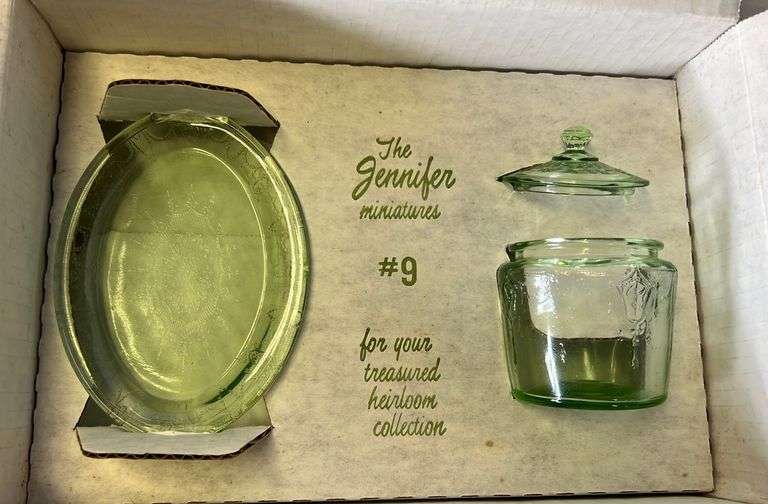 Mosser Green Glass “The Jennifer Miniatures” Set #9 Biscuit Jar 4 ...