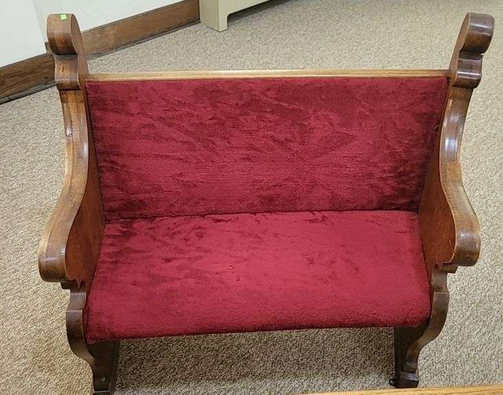 Ornate Wood Curved Church Pew with Red Padded Cushions, 22"W x 40" H x ...