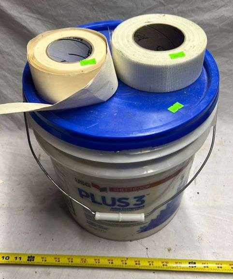 Partial 4.5gal bucket, plus 3 drywall joint compound, paper tape, fiber ...