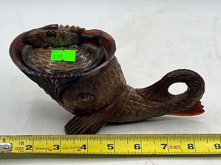 Joe Rice Chocolate Slag Glass Dolphin Fish Dish with lid - Metzger ...