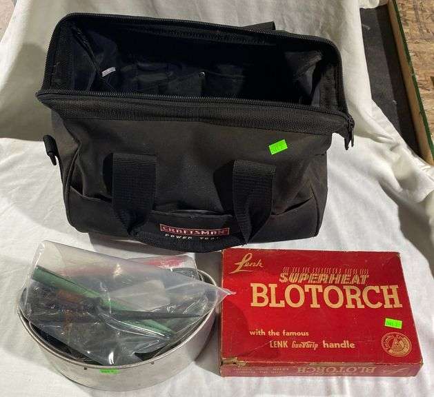 Craftsman power tools bag, Lenk blotorch in box, metal ring sizing ...