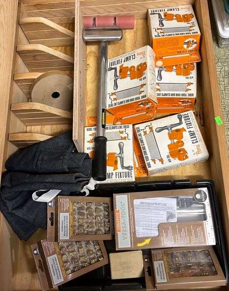 Wall roller, hot stamps, clamp fixtures, Contents of drawer as shown in ...