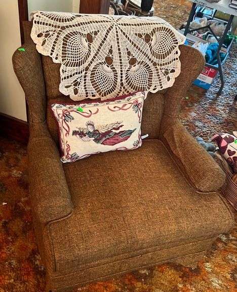 Vintage Upholstered low back occasional chair, Doilies, Pillow ...