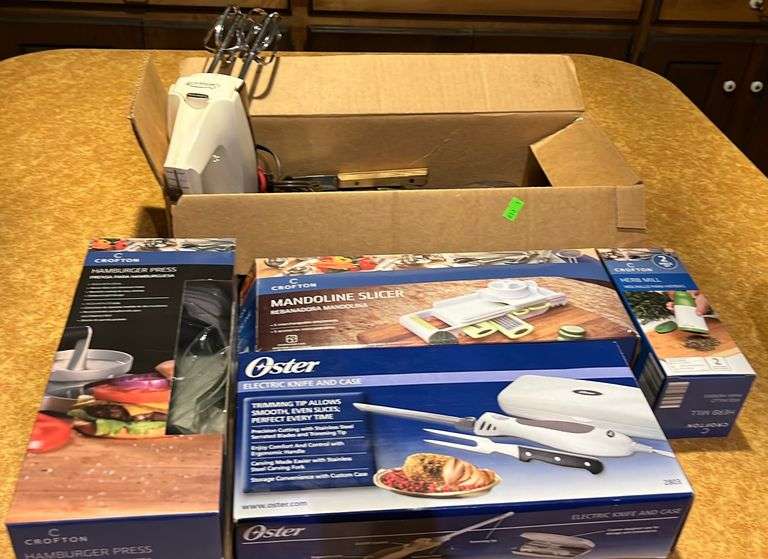 Crofton Herb mill, slicer, hamburger press, Oster elec. Knife, Sunbeam ...