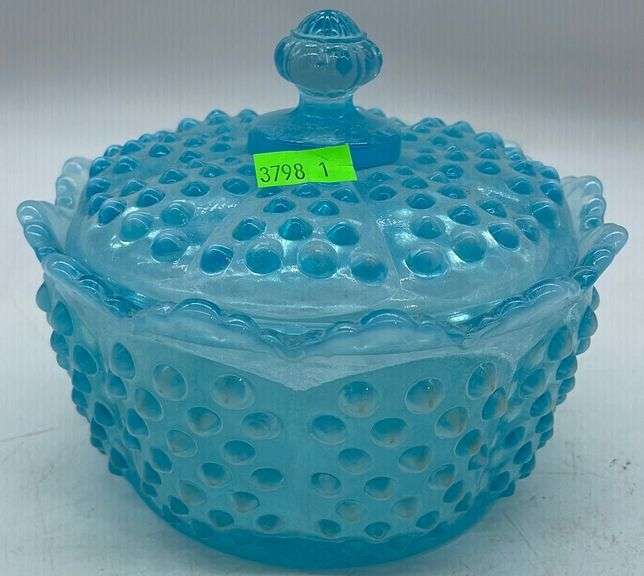 Fenton Blue Opalescent Hobnail Covered Candy Dish With Lid - Metzger ...