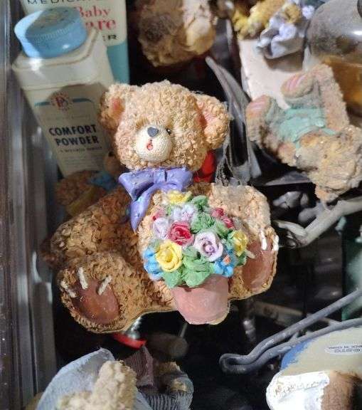 Bear figurine assortment, blue glass assortment, blessing door sign ...