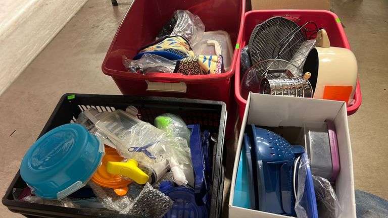 Plastic storage containers , pan,strainer , miscellaneous kitchen items ...