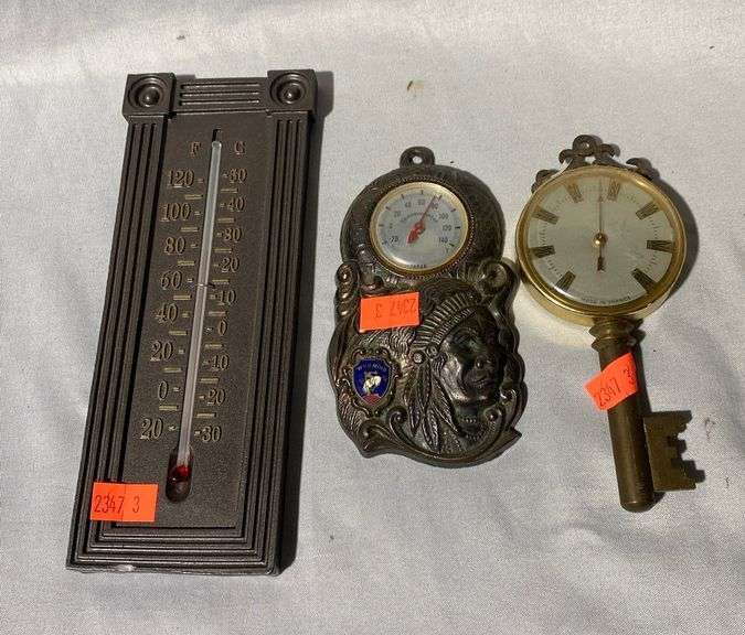 Metal key thermometer 5" tall, GE thermometer 7", metal Native American ...