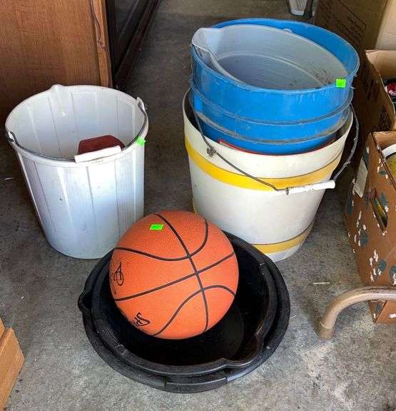 Bucket and plastic pan assortment, basketball - Metzger Property ...