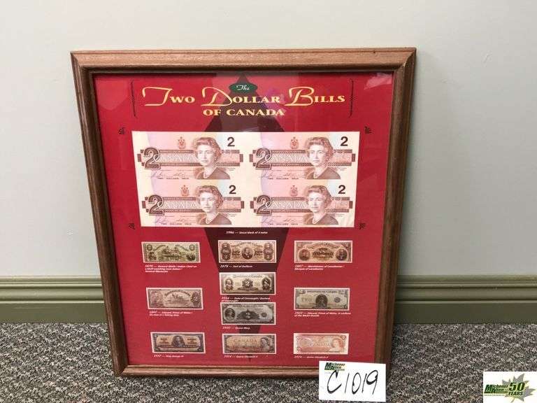 CANADIAN TWO DOLLAR BILLS OF CANADA FRAMED SET w/ 4 UNCUT-UNCIRCULATED ...