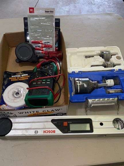 Lenix whole saws, Bosch level, digital multi meter, tape measure ...
