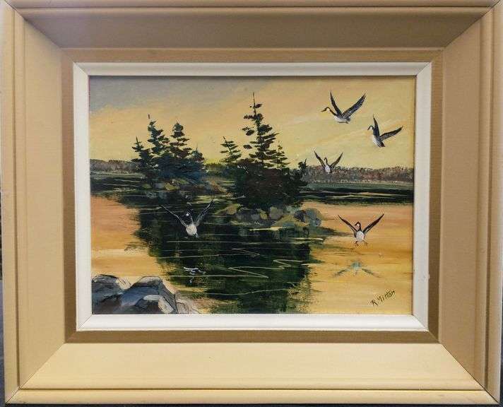 Ross Mitton Signed Original Oil on Board - "Ducks Landing on Lake ...