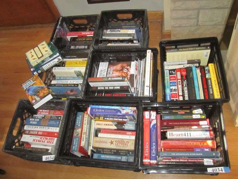 Various books in plastic crates - Mark Van Hook, Auctioneer