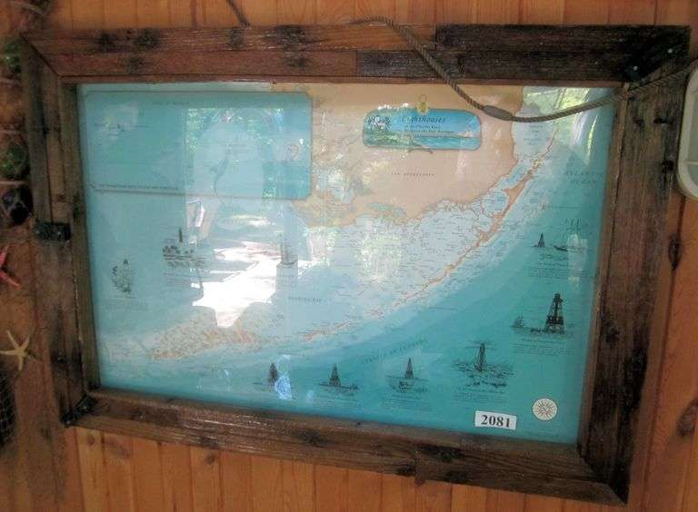 Framed map of Florida keys lighthouses - Mark Van Hook, Auctioneer