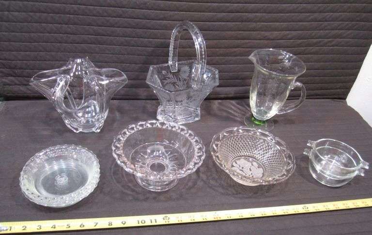 Etched glass basket, pitcher, vase, pattern glass bowls, Pyrex bowls ...