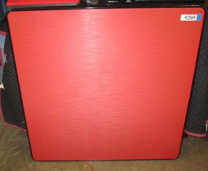 Vintage red card table, 35" square - Mark Van Hook, Auctioneer