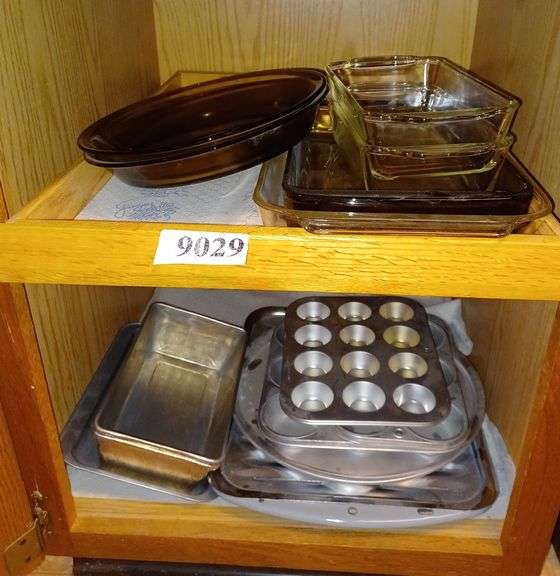 Pyrex glass baking dishes and pie plates, cookie sheets, loaf pans ...