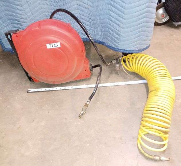 Wall mount self-retracting air hose reel with coiled input hose - Mark ...