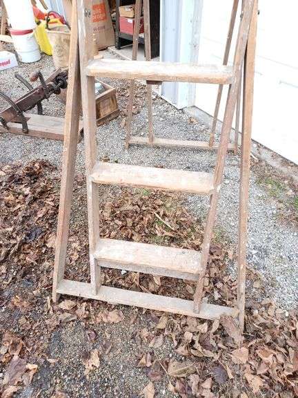 8 ft wood step ladder with wide base legs, platform steps on top three ...