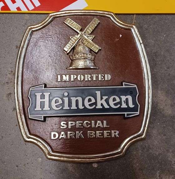 Bud Light and Miller High Life metal signs, Heineken dark sign, Conn's ...