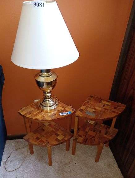 Two small corner tables, brass table lamp - Mark Van Hook, Auctioneer