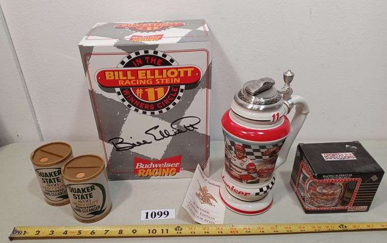 NASCAR Bill Elliott Stein, mug inbox, (2) Quaker State hand cleanser ...