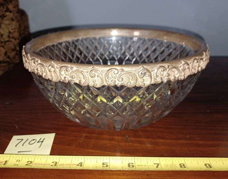 Heavy cut glass bowl with ornate sterling silver rim - Mark Van Hook, Auctioneer
