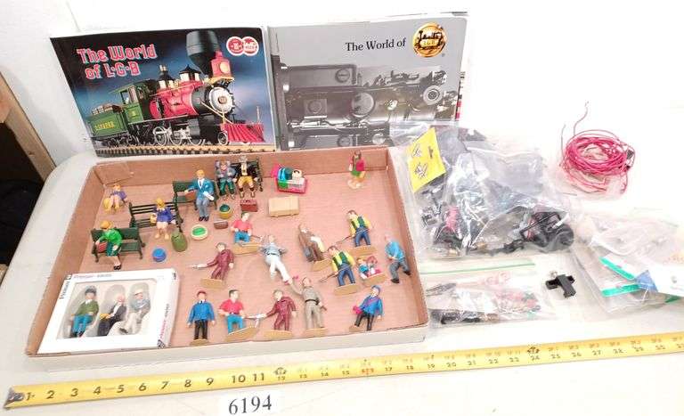 LGB train accessories including figures bench, luggage, light bulbs ...