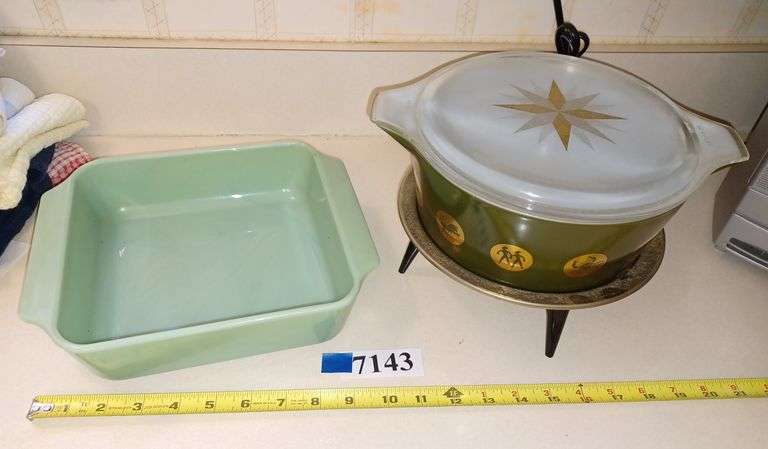 Mid-century Pyrex zodiac covered dish with warming base, Fire King ...