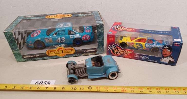 2 diecast Richard Petty race cars, hot rod metal car missing one tire ...