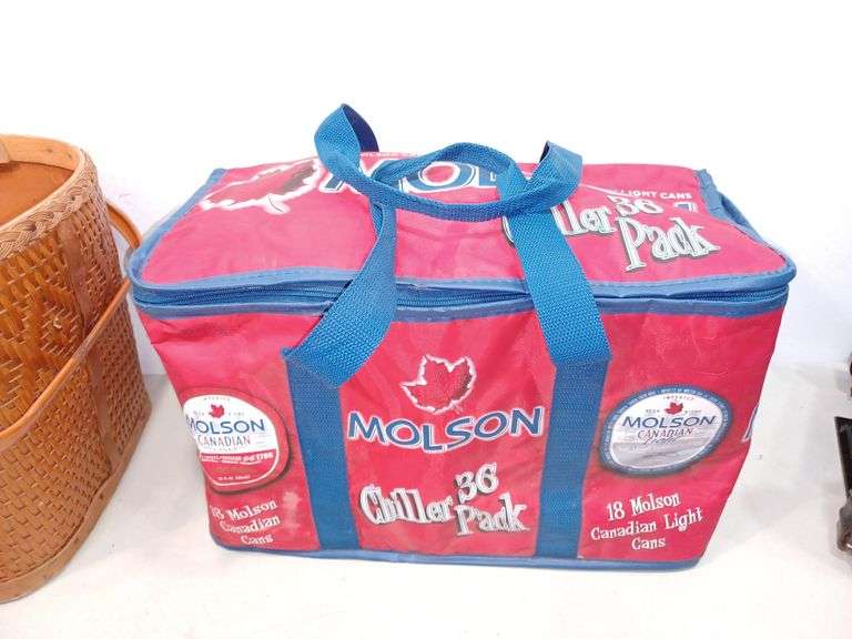Vintage picnic basket, Molson soft sided cooler - Mark Van Hook, Auctioneer