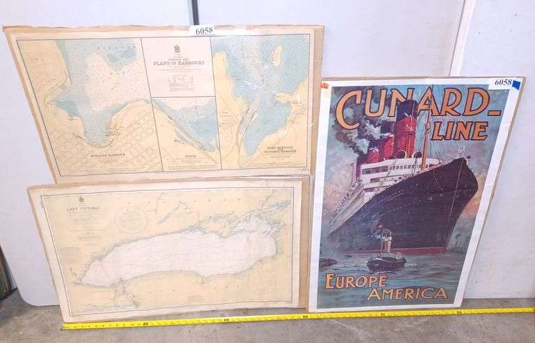 Cunard Line poster, two Lake Ontario maps - Mark Van Hook, Auctioneer