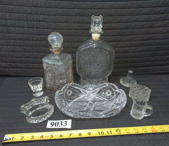 Glassware including two liquor bottles, cut glass bowl (cracked ...