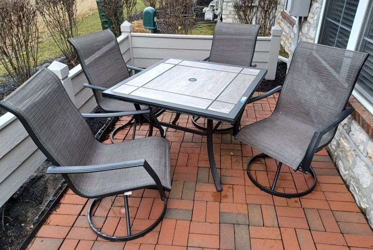 Tile insert patio table and four chairs - Mark Van Hook, Auctioneer