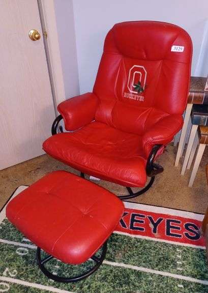 Ohio State red leather recliner and ottoman with black metal frame ...