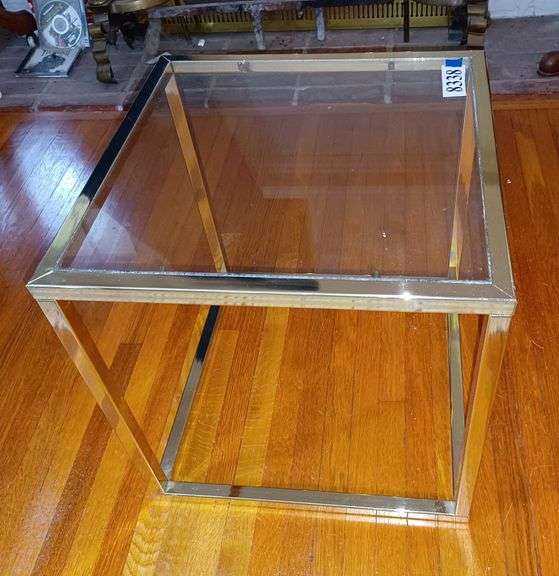Vintage brass cube glass top end table - Mark Van Hook, Auctioneer