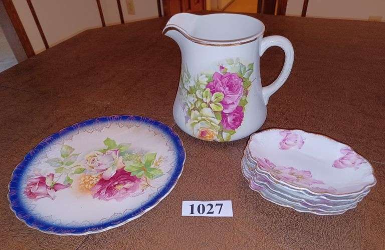 Rose pattern china pitcher, rose pattern plate with blue rim, set of ...