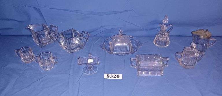 Heisey butter dish, cruet, cream and sugars, sugar cube holders, syrup ...